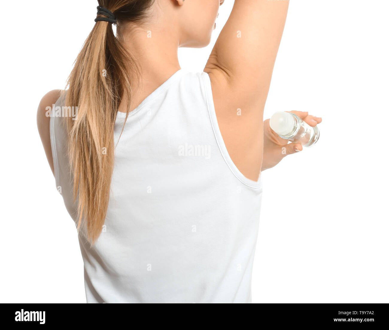Beautiful young woman with deodorant on white background Stock Photo ...