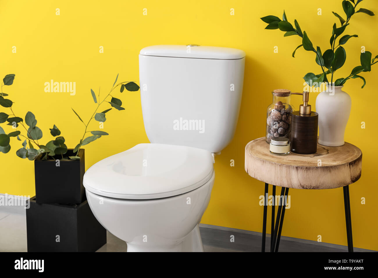 Modern ceramic toilet bowl near color wall in restroom Stock Photo - Alamy