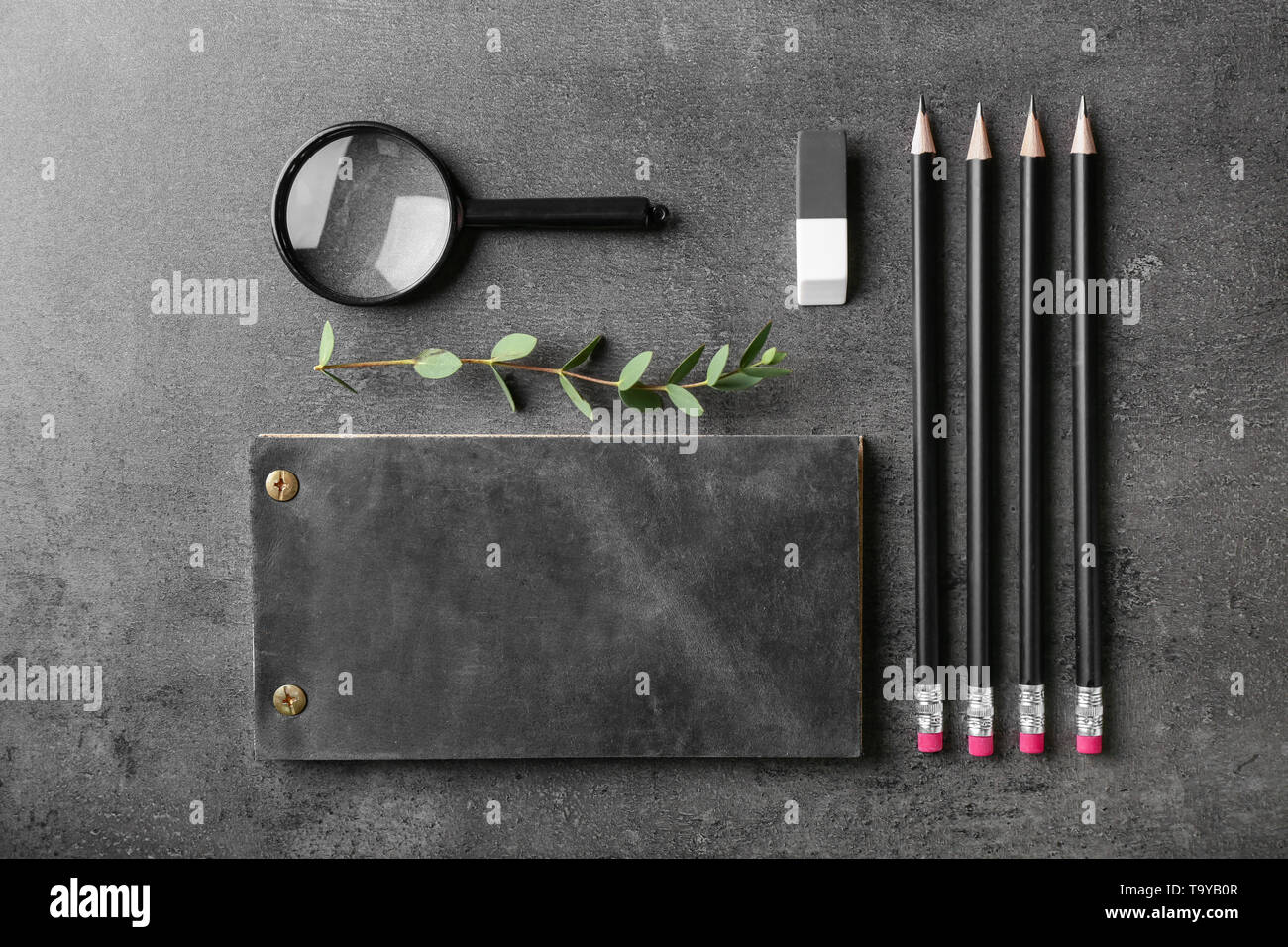 Set of items for branding on dark background Stock Photo - Alamy