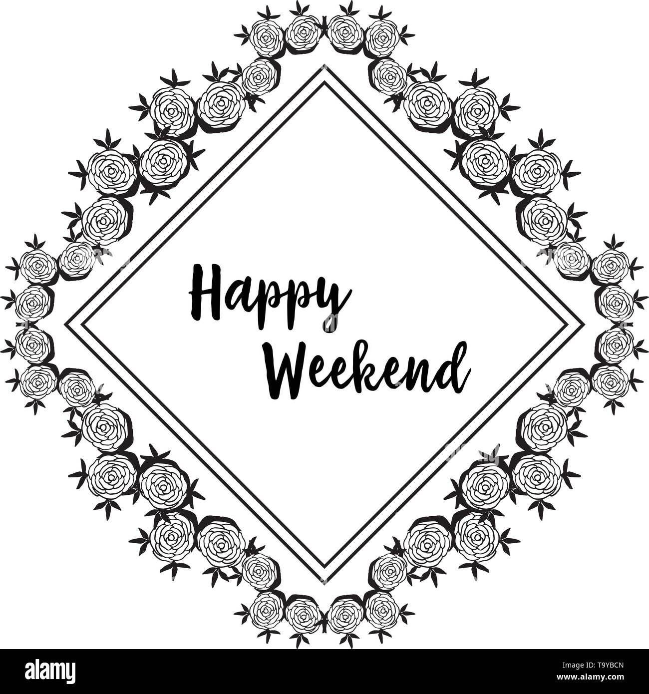 Vector illustration writing happy weekend with beautiful flower frame ...