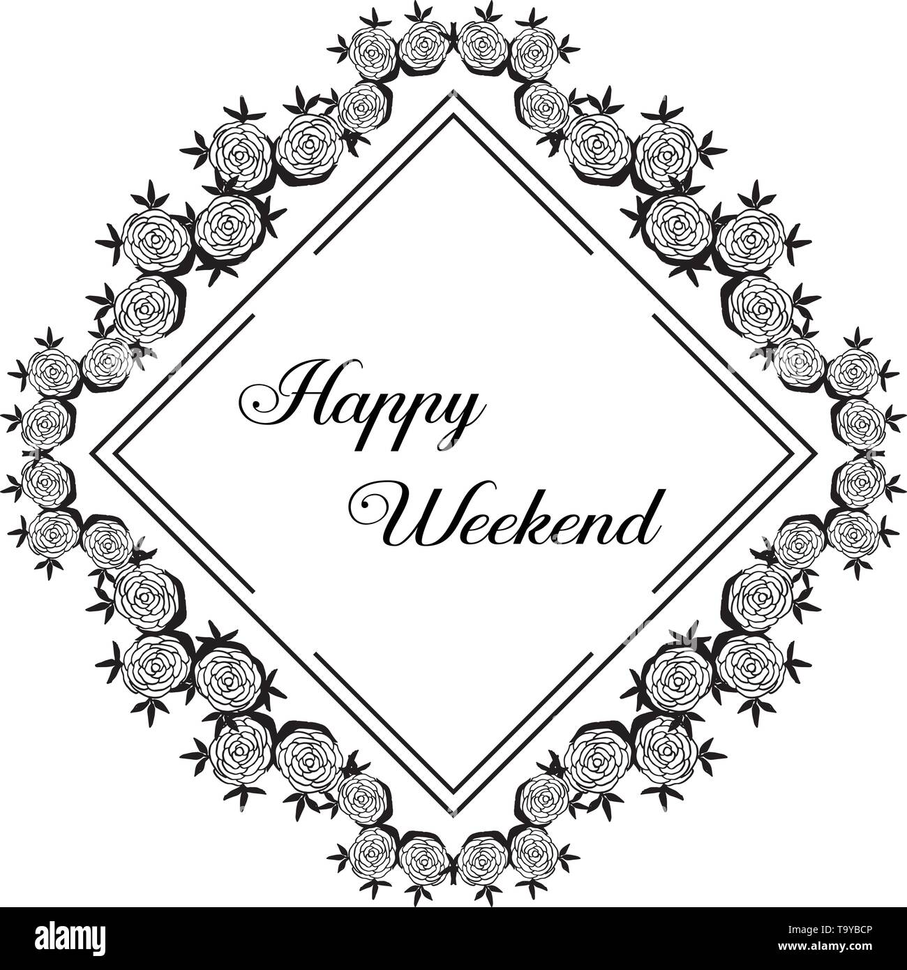 Vector illustration writing happy weekend with beautiful flower frame ...