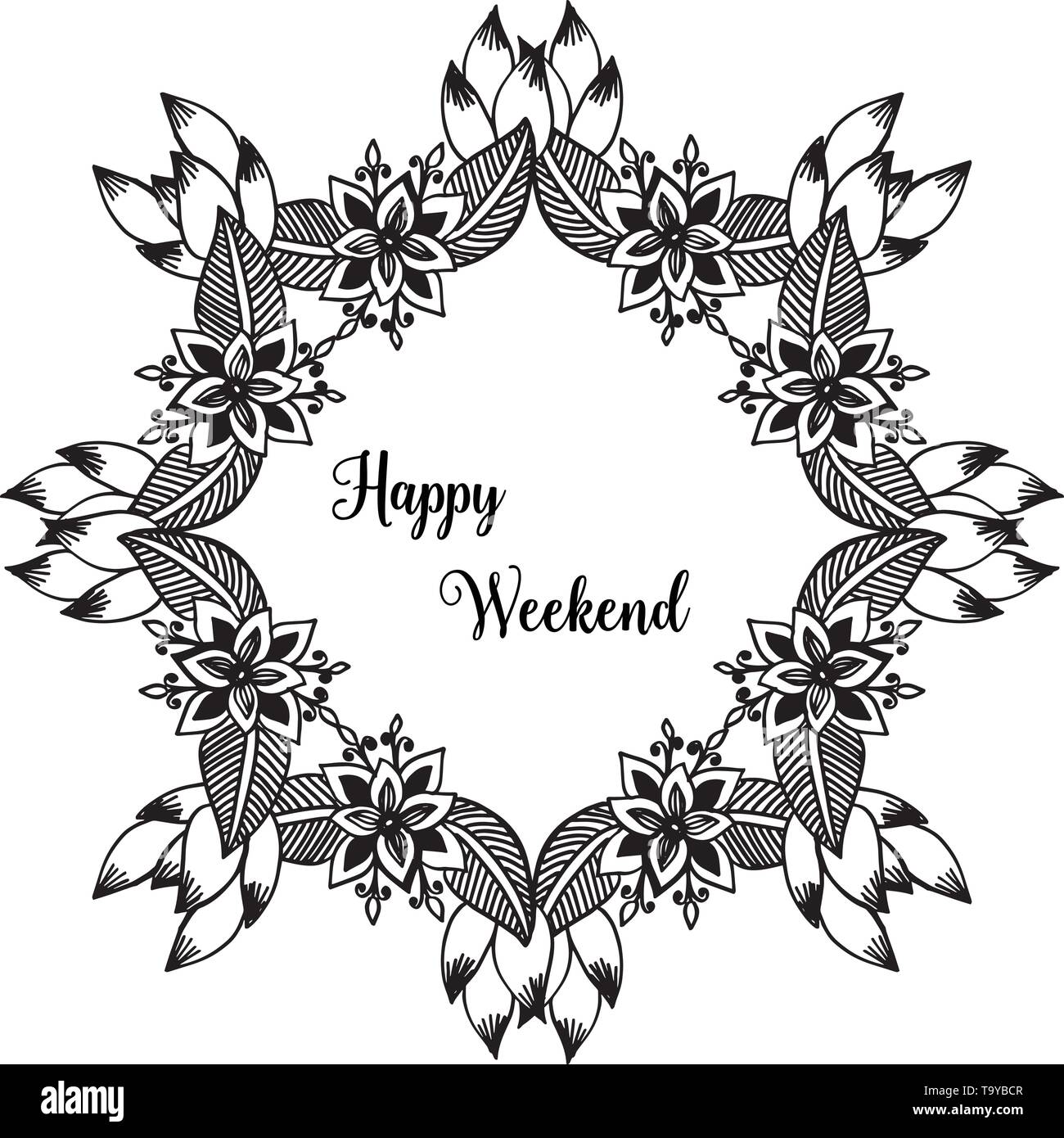 Vector illustration writing happy weekend with beautiful flower frame ...