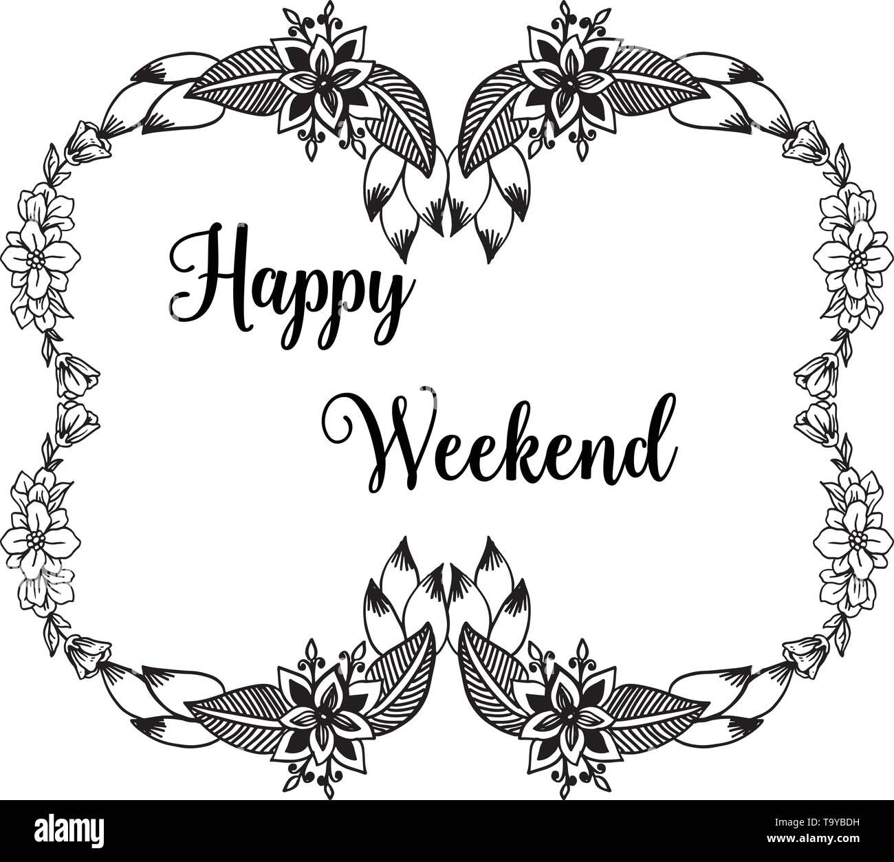 Vector illustration writing happy weekend with elegant wreath frame ...