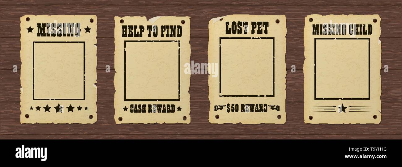 Vintage retro ripped missing poster. Wild west bounty brochure nailed ...