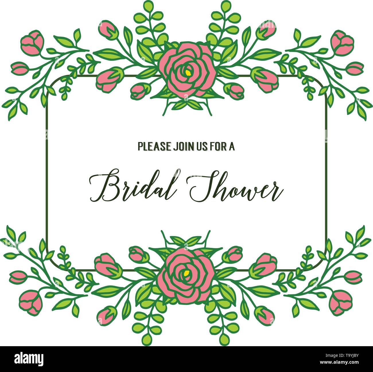 Vector illustration lettering bridal shower with rose flower frame hand ...