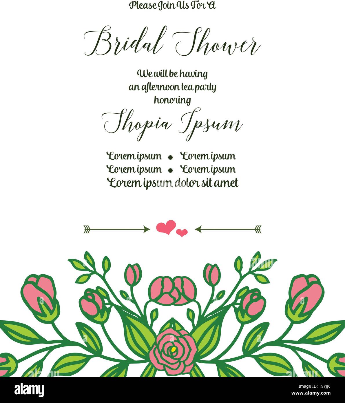 Vector illustration lettering bridal shower with rose flower frame hand ...