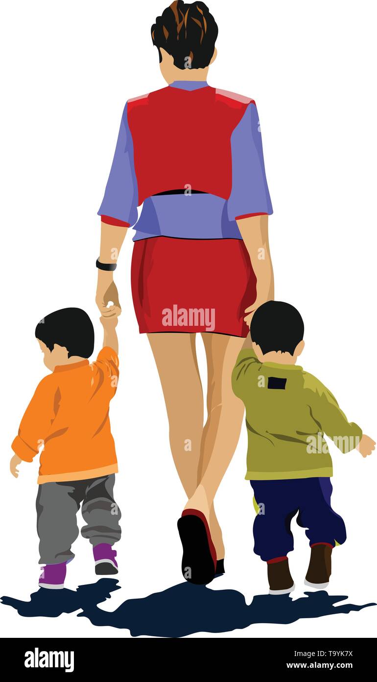Mother walking with two children. Vector illustration Stock Vector ...
