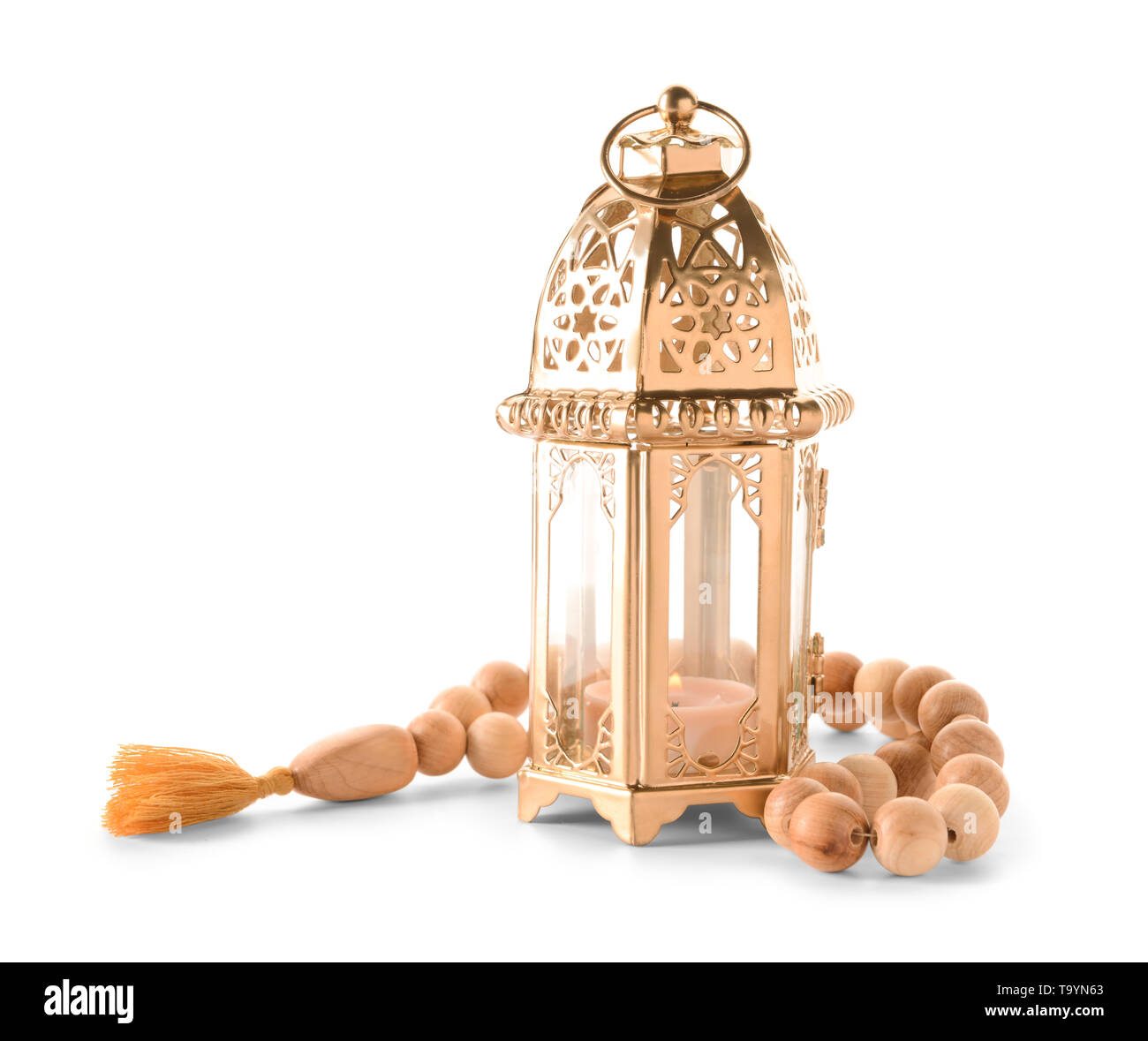 Muslim lamp as Ramadan symbol and tasbih on white background Stock ...