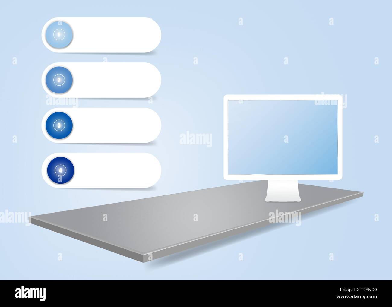 Infographic showing 3d gray desk on the blue background with PC screen ...