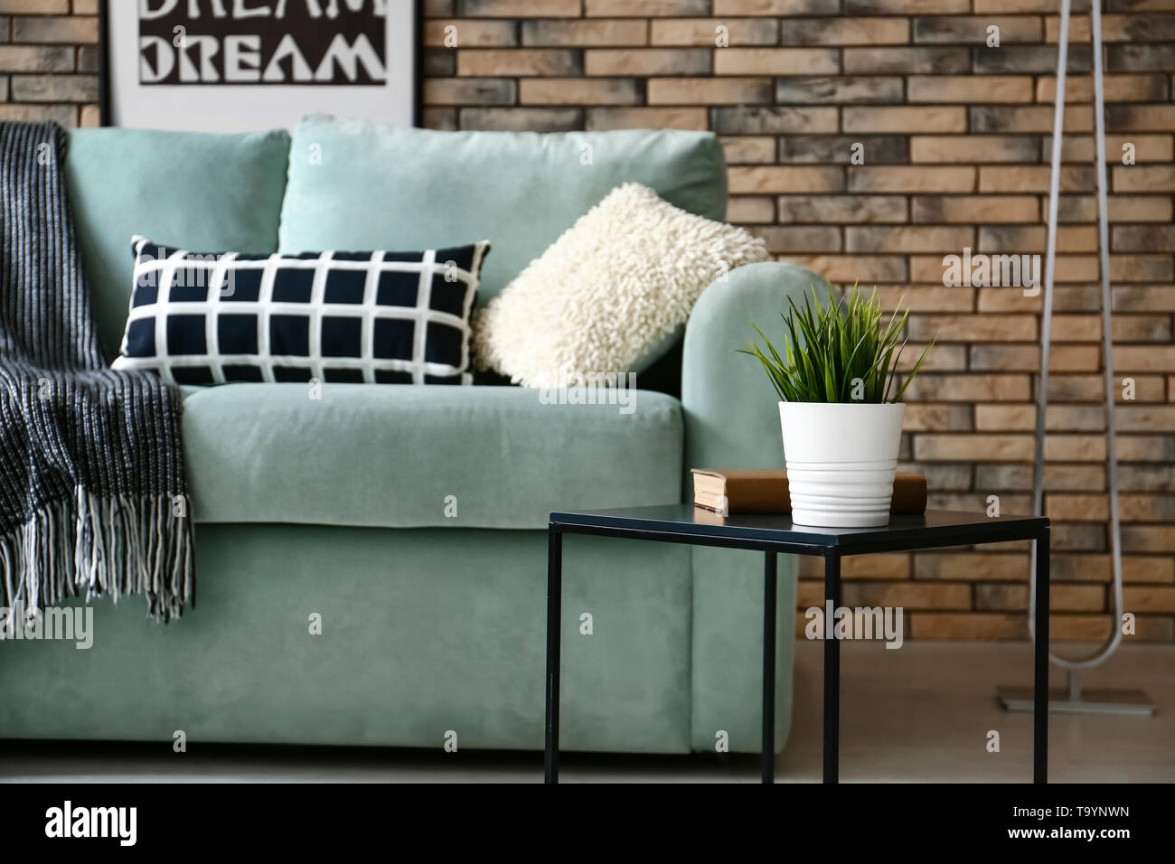Comfortable sofa in interior of living room Stock Photo - Alamy