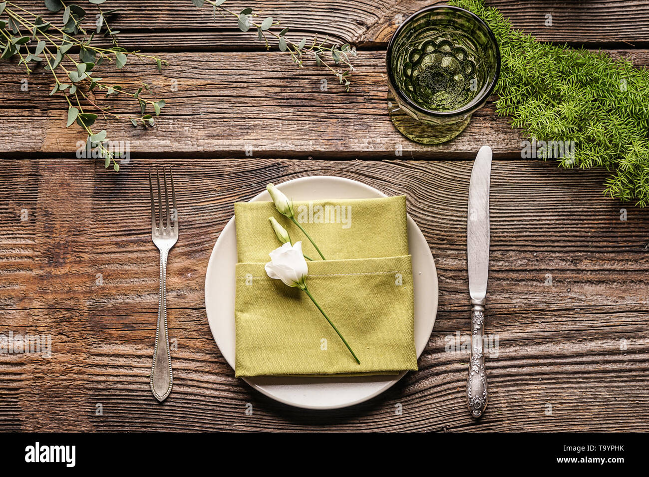 Beautiful table setting with floral decor on wooden background Stock ...