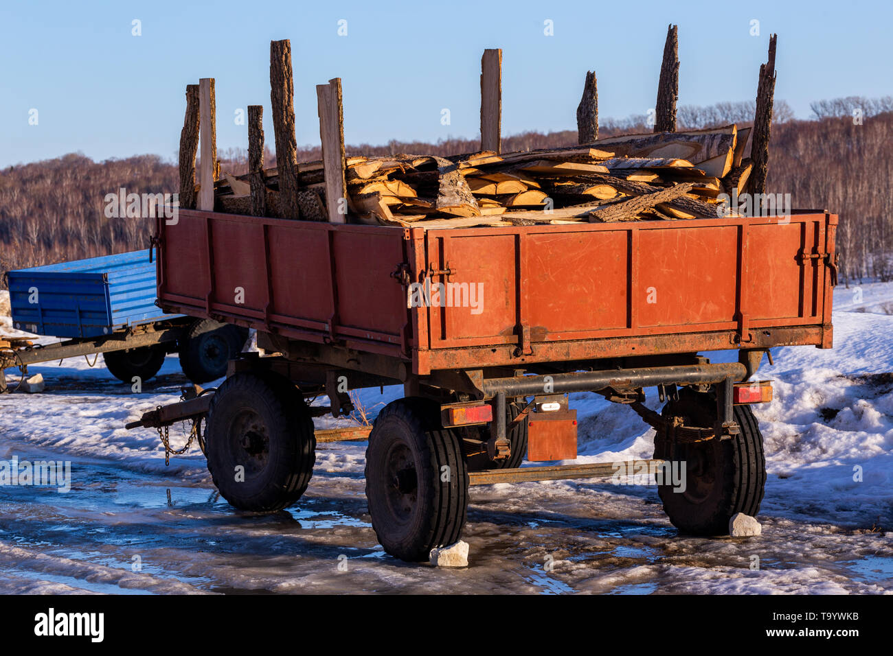 old rustic trailer with firewood lumber leftovers at winter daylight ...