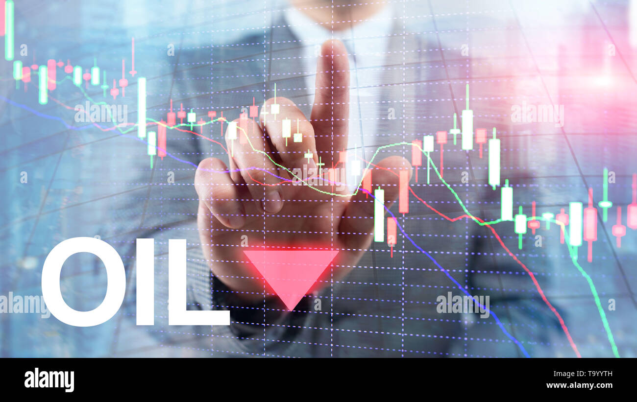 Oil trend down. Candle graph chart Oil barrels and a financial chart on ...