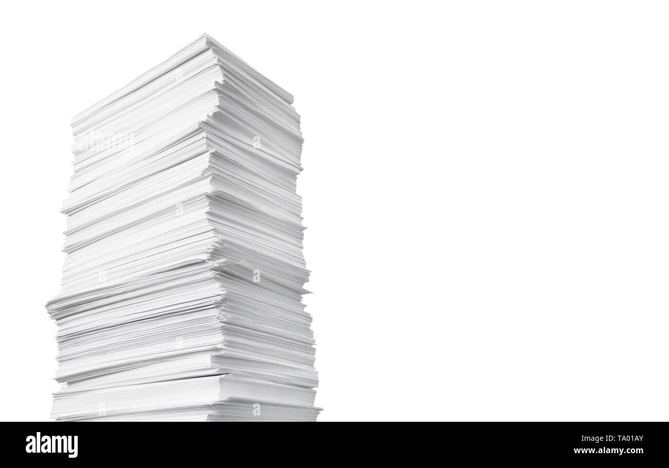 High paper stack isolated on the white background Stock Photo - Alamy