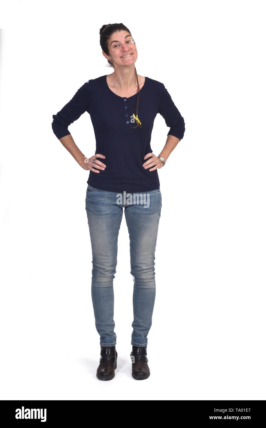 full portrait of a woman with hands on her waist isolated on white ...