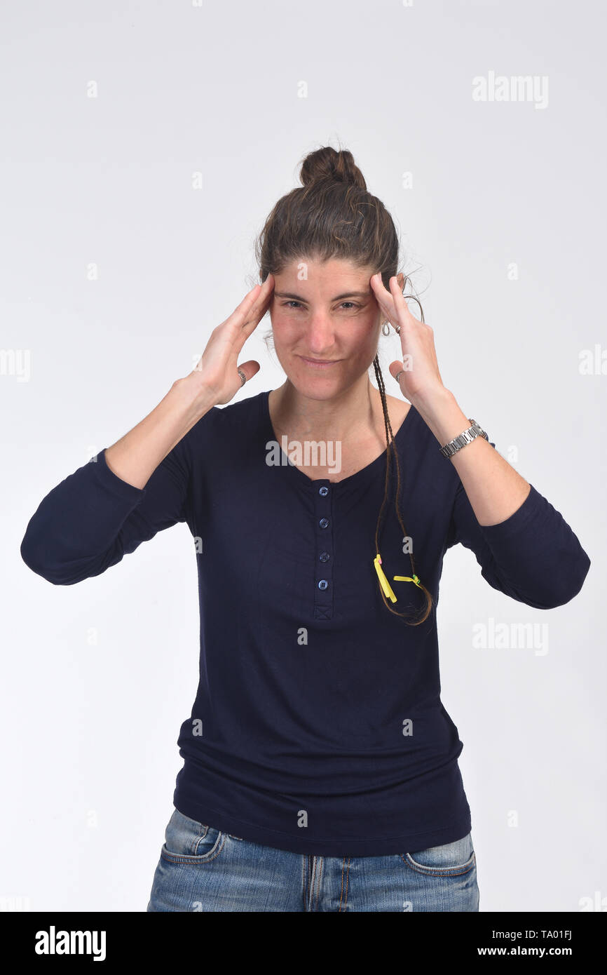 woman with headache on white background Stock Photo - Alamy
