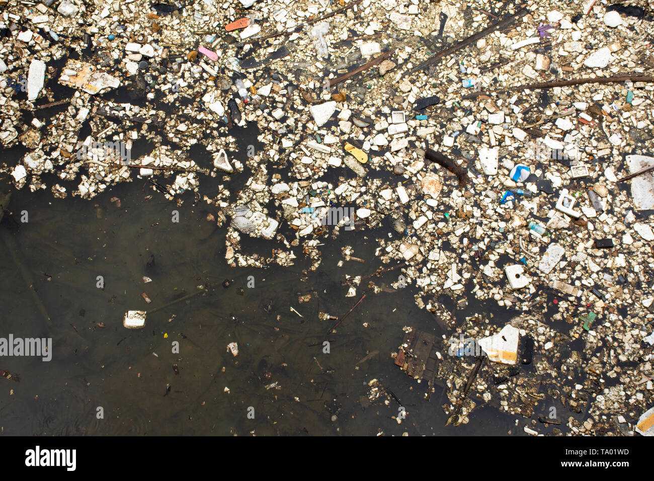 Many garbage and trash on surface of water in pond at outdoor in ...