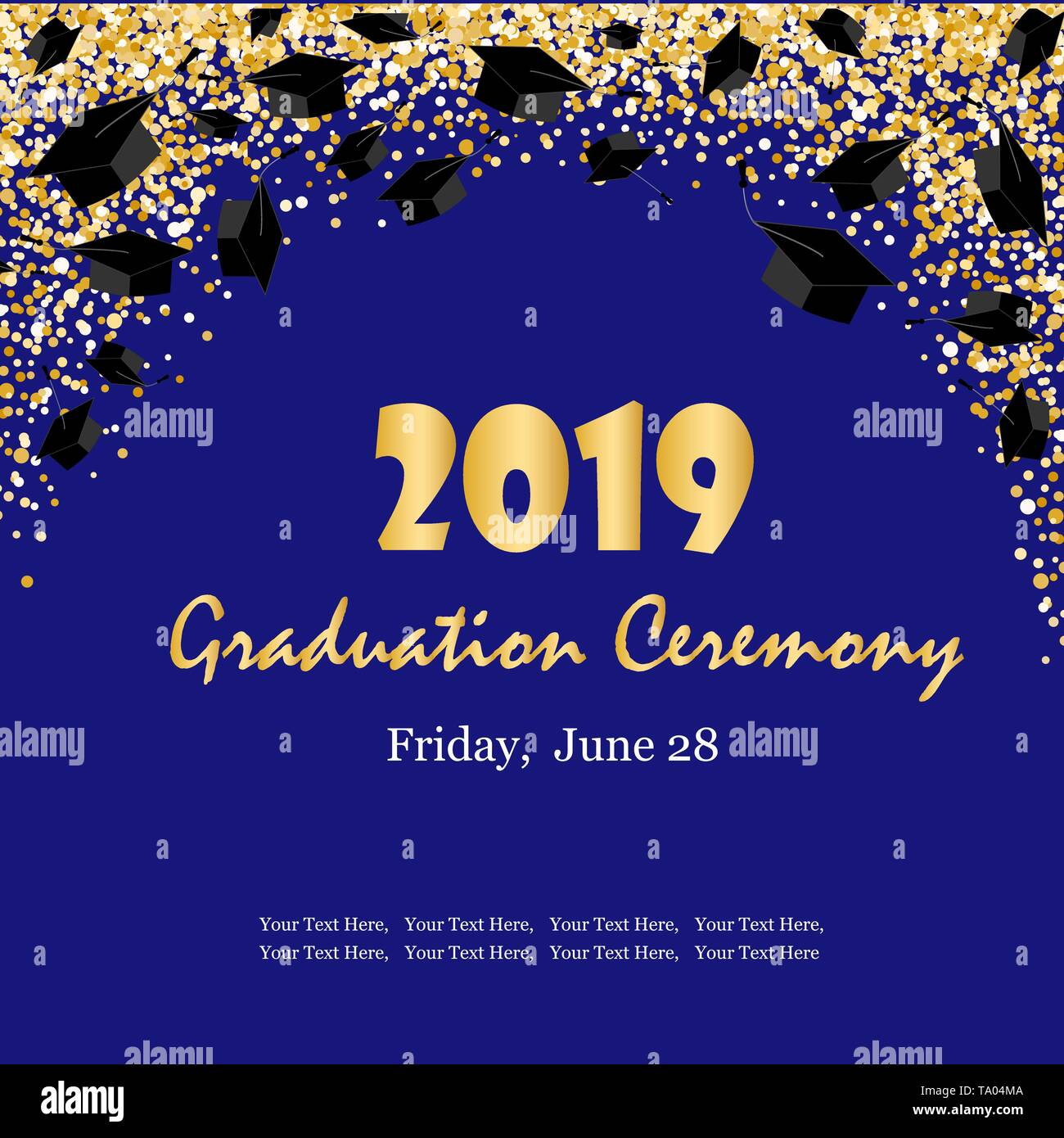 Graduation ceremony banner with graduate caps, glitter dots on a dark ...
