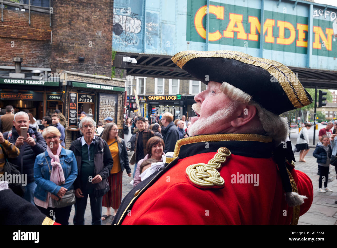London / UK - May 18th 2019: A town crier in uniform calls out to the ...