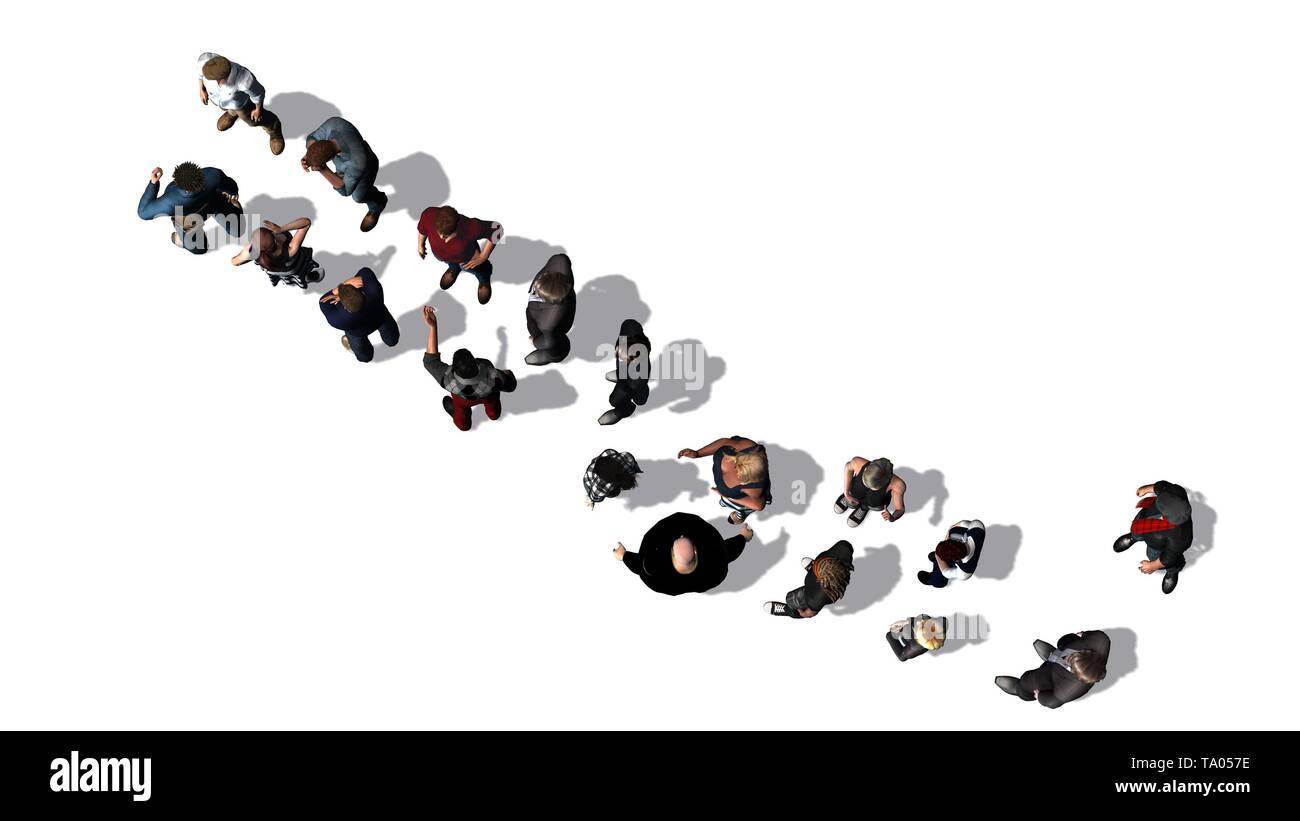 People waiting in row line - top view isolated on white background. 3D ...