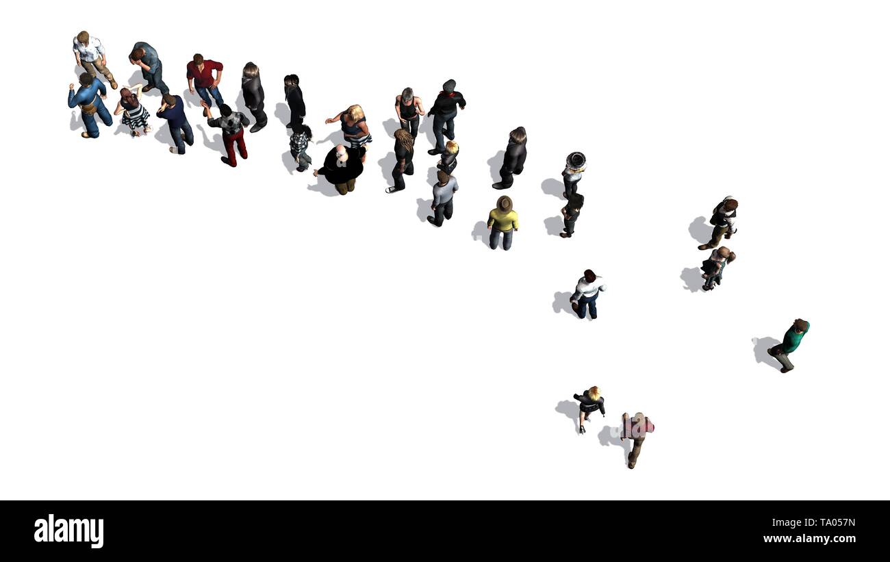 People waiting in row line - top view isolated on white background. 3D ...
