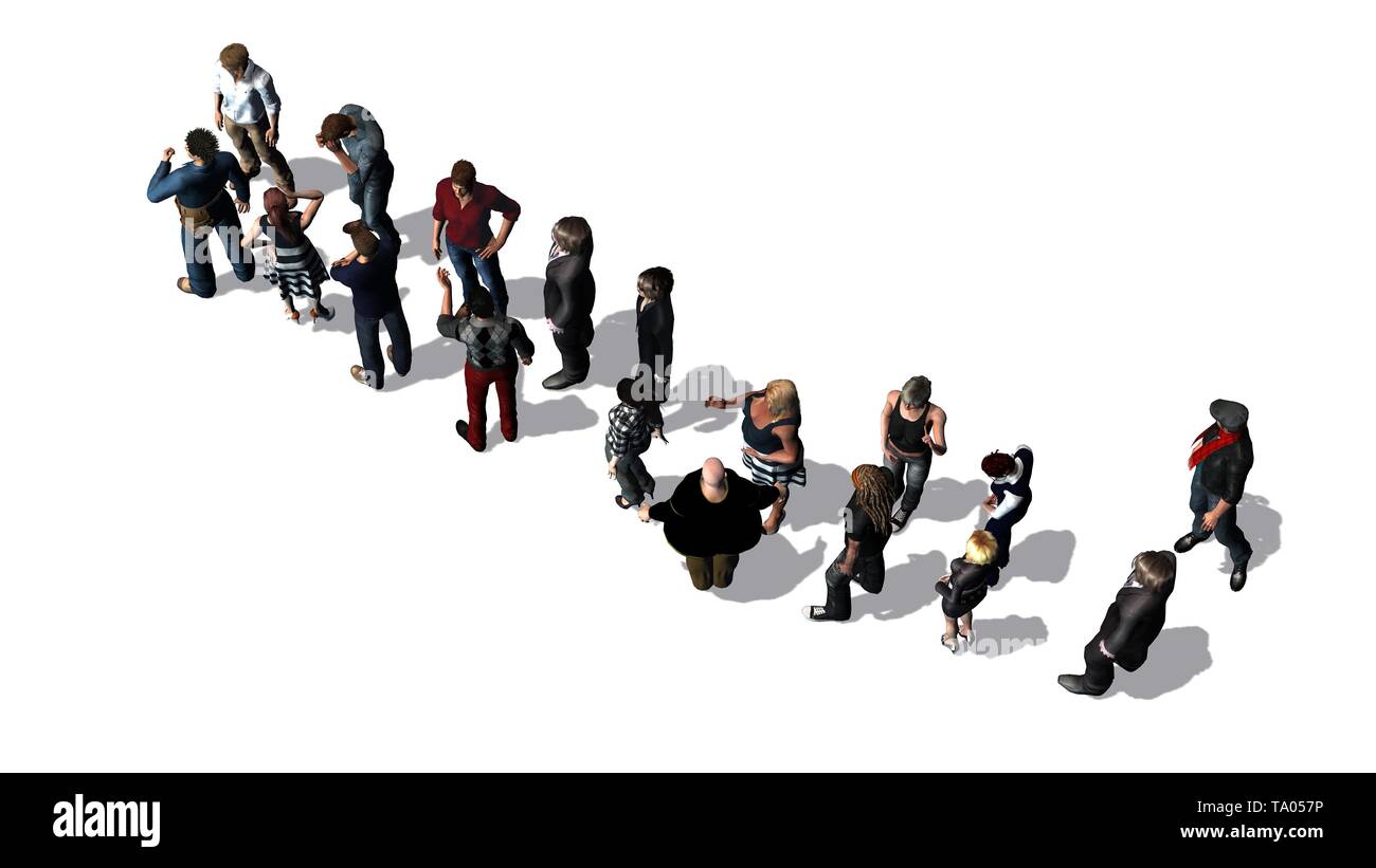 People waiting in row line - top view isolated on white background. 3D ...