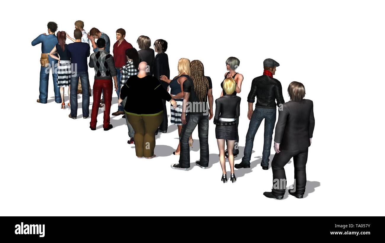 People wait in the row - isolated on white background - 3D illustration ...