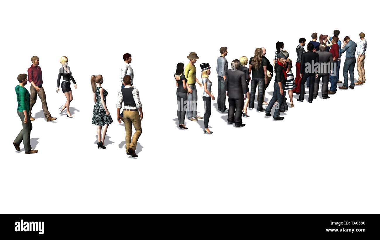 People wait in the row - isolated on white background - 3D illustration ...