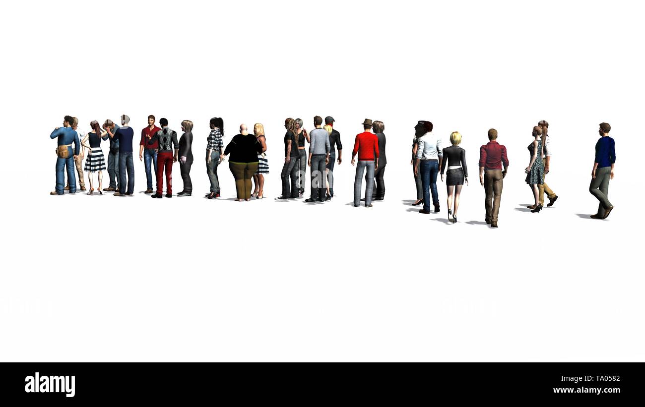 People wait in the row - isolated on white background - 3D illustration ...