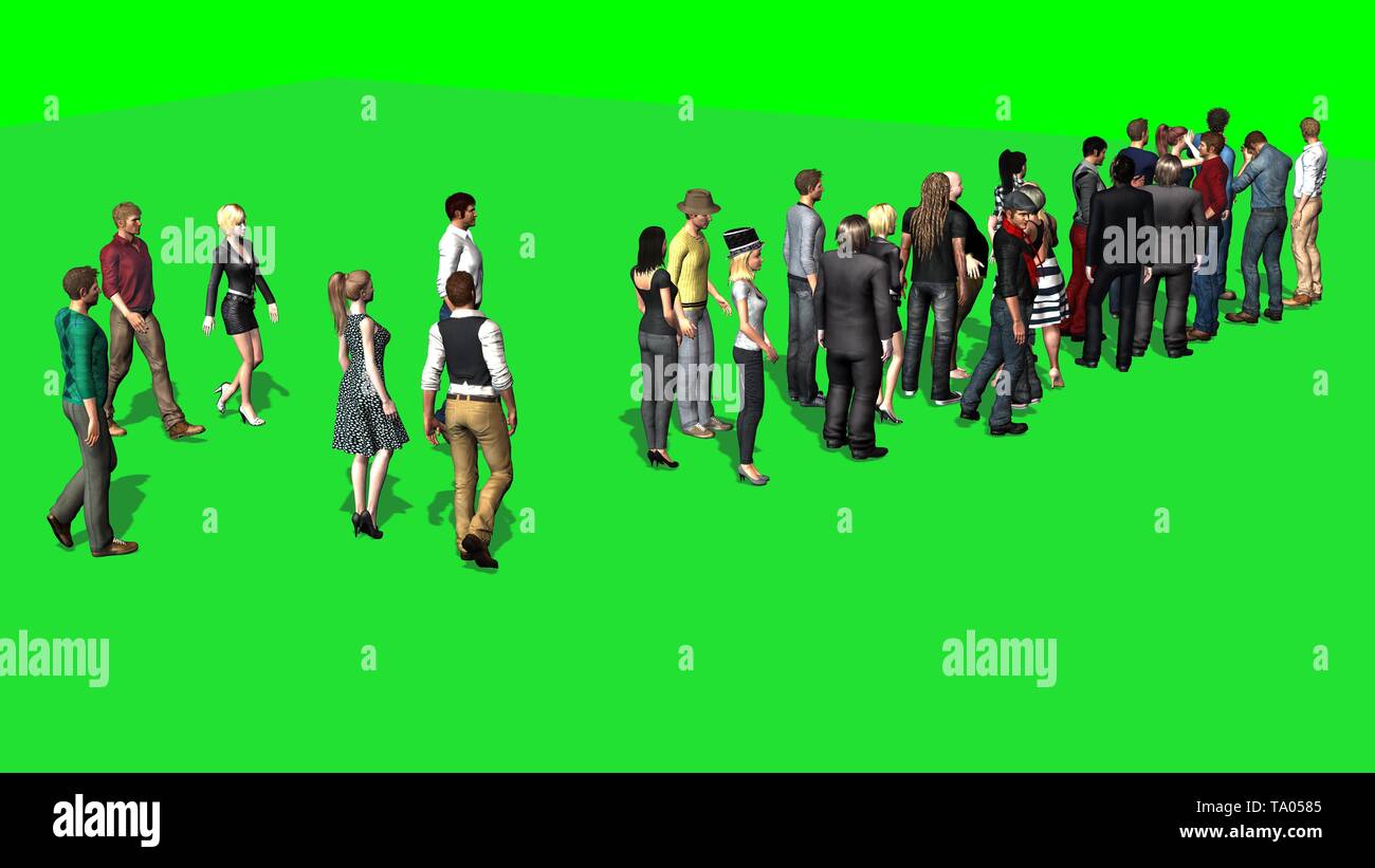 People wait in the row - isolated on green background - green screen 3D ...