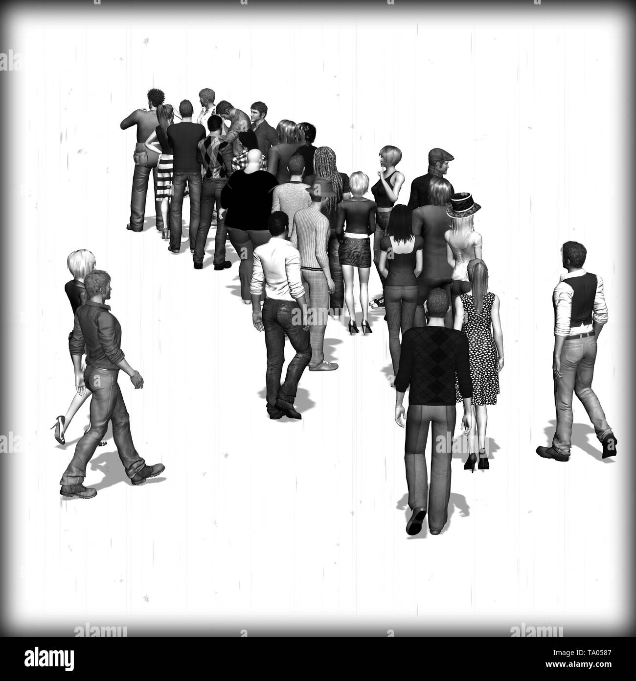 People wait in the row - isolated on white background - 3D illustration ...