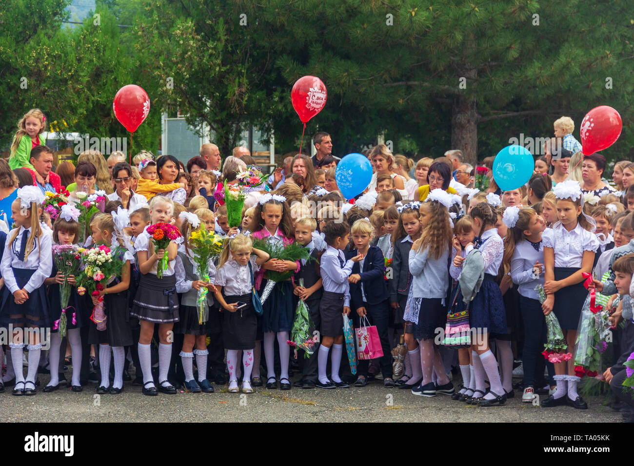 Adygea, Russia - September 1, 2018: children enrolled in the first ...