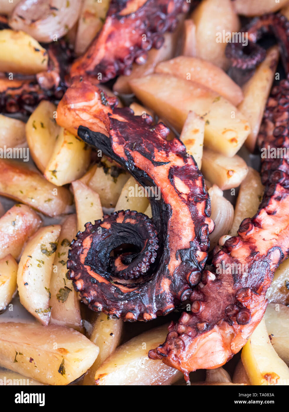 Roasted octopus with potatoes in tray Stock Photo - Alamy