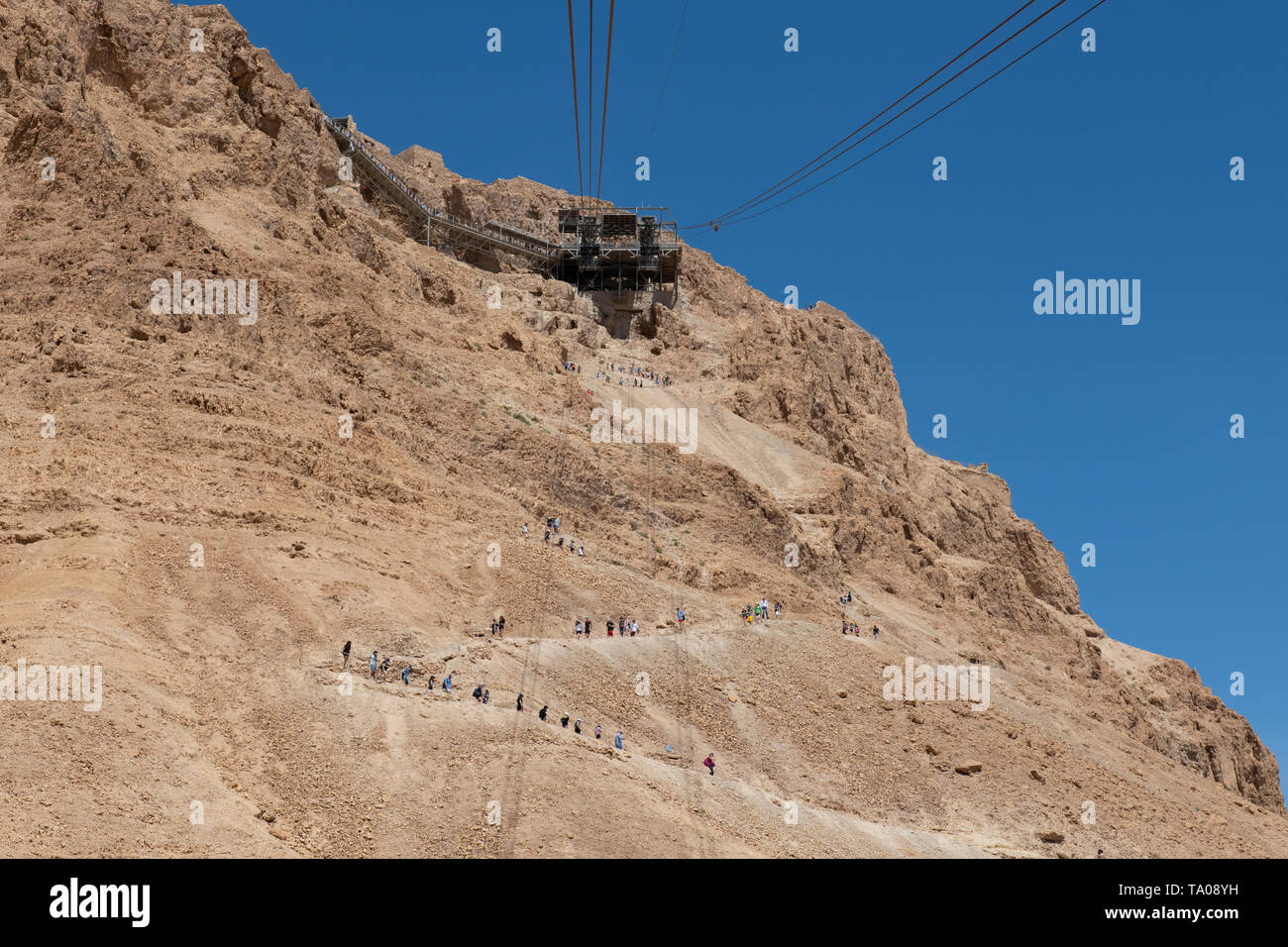 Israel, historic Masada aka Massada. Cable car to the summit of Masada ...