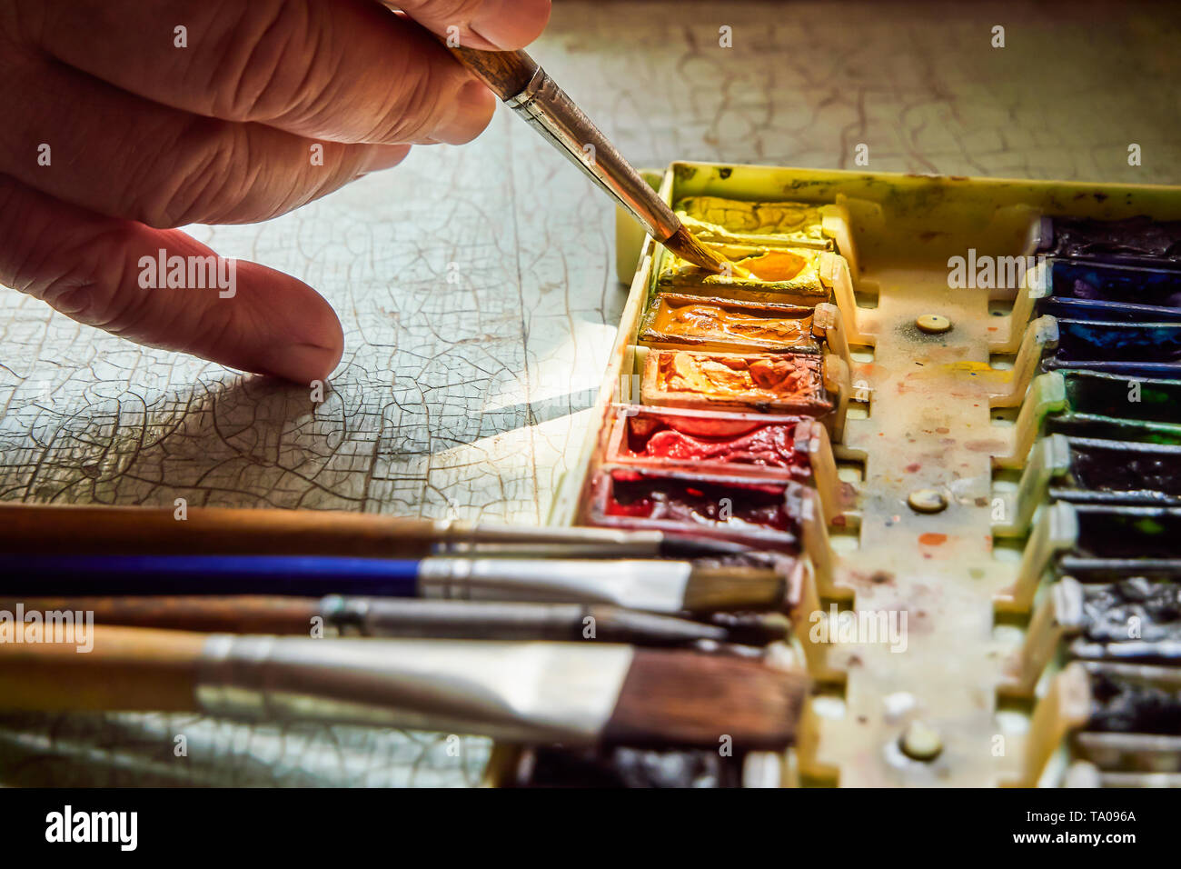 artist's tools, professional watercolor paints in a box, artist's ...