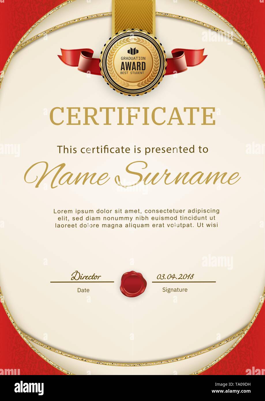 Official retro certificate with red gold design elements. Red ribbon ...