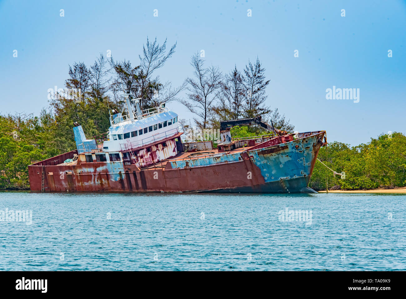 Rusted shipwreck on Caribbean island cay in Roatan, Honduras Stock ...