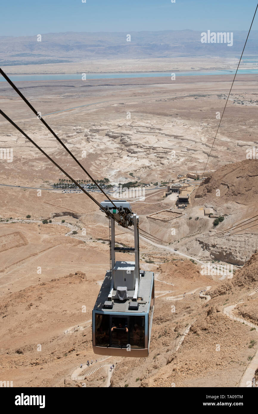 Israel, historic Masada aka Massada. Cable car to the summit of Masada ...