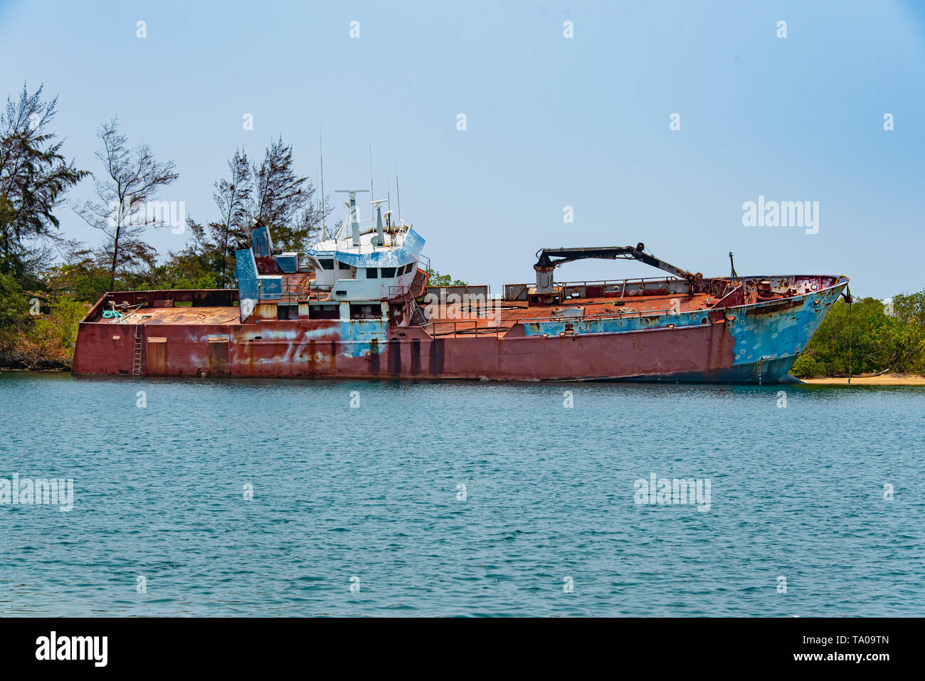 Rusted shipwreck on Caribbean island cay in Roatan, Honduras Stock ...