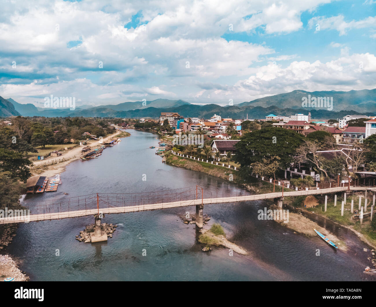 Bamboo bridge over Nam Song River at Vang Vieng village, Laos. Top view ...