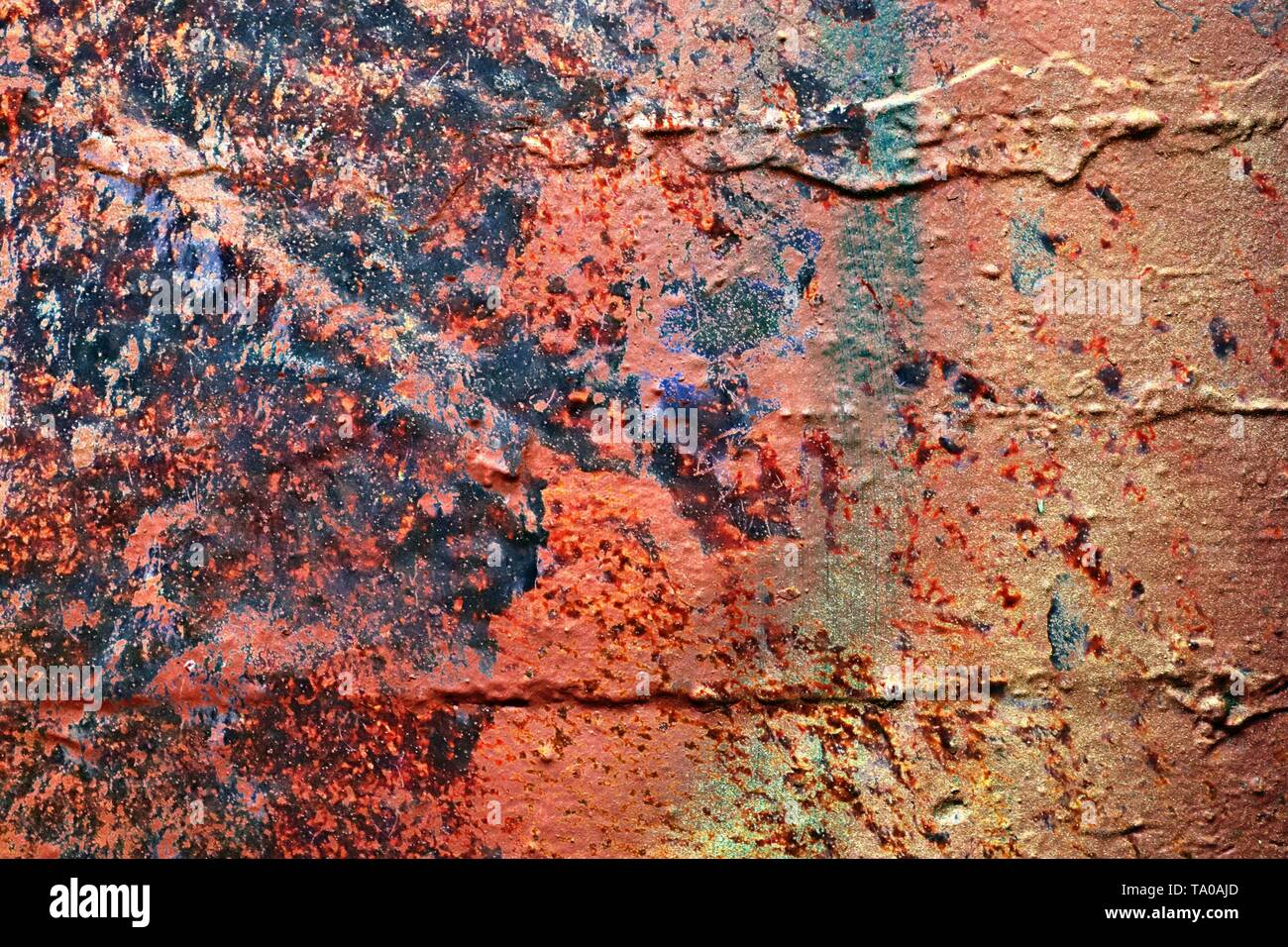 Detailed clöse up surface of colorful peeling sprayed paint on ...