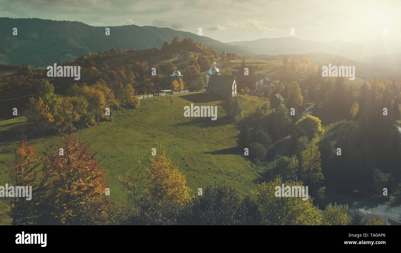 Sunset Mountain Village Church Scenery Aerial View. Panoramic Autumn ...