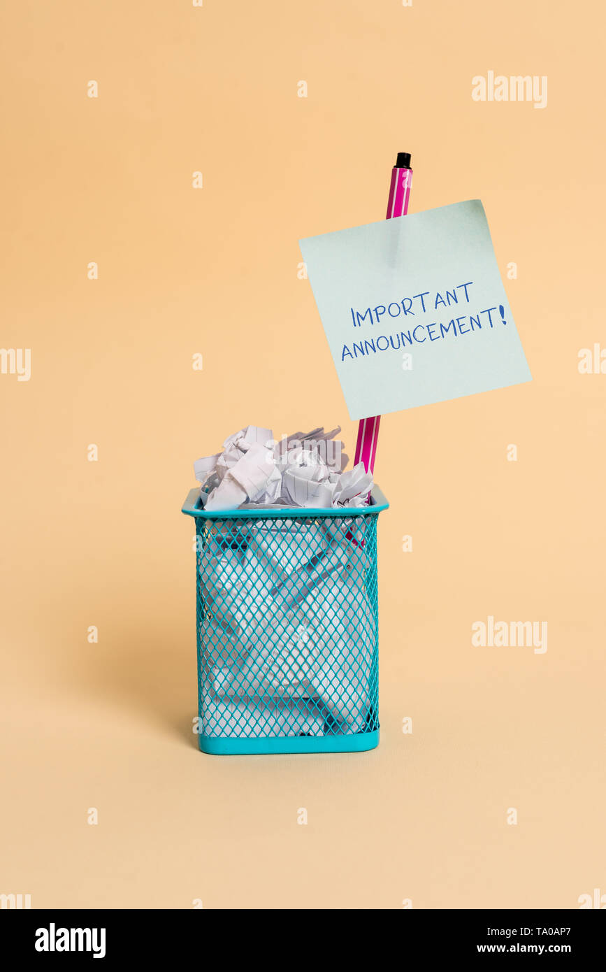 Text sign showing Important Announcement. Business photo text spoken ...