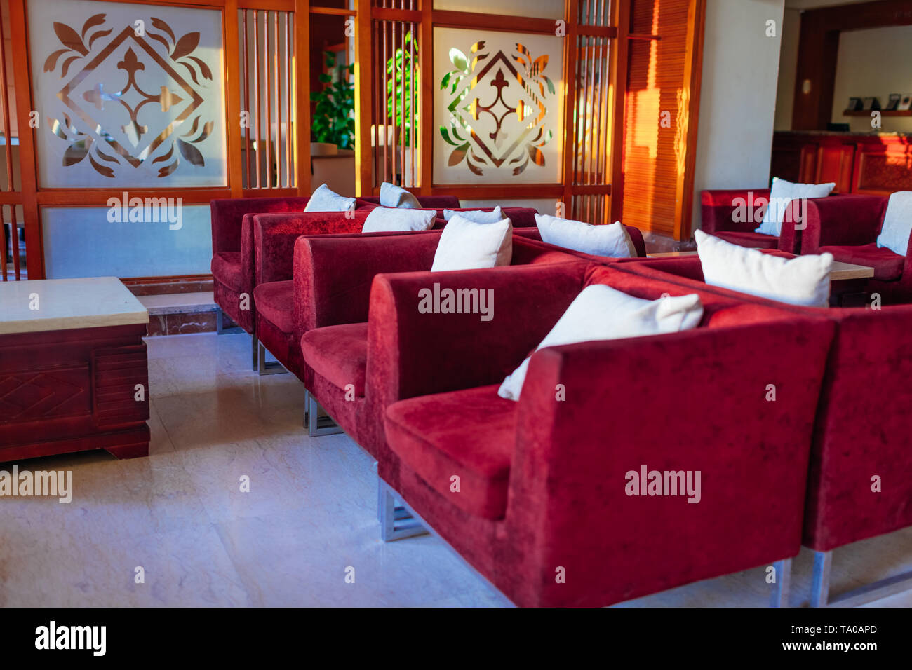 Empty hotel lobby. Interior design of corridor and reception with ...