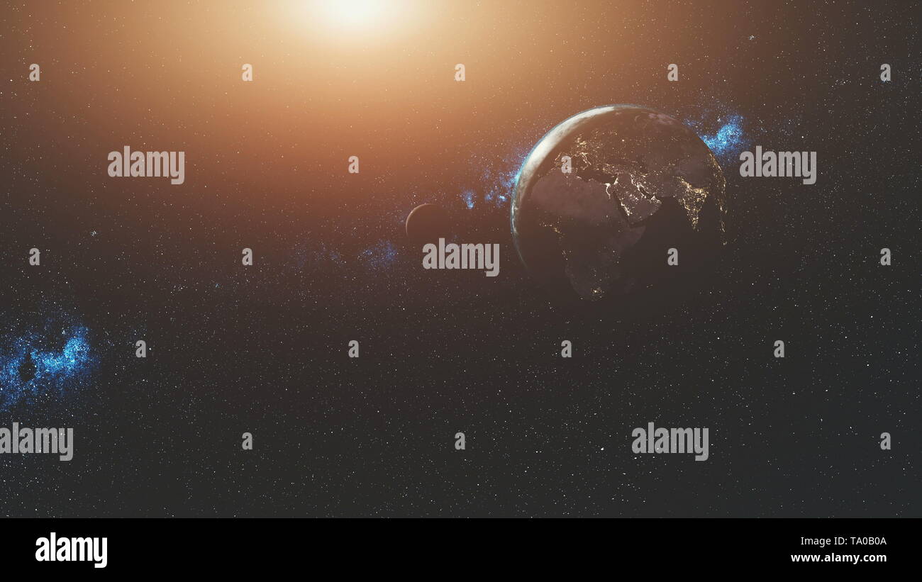 Planet Earth Rotate Moon Orbit Soft Sun Beam Glow. Interstellar Galaxy ...