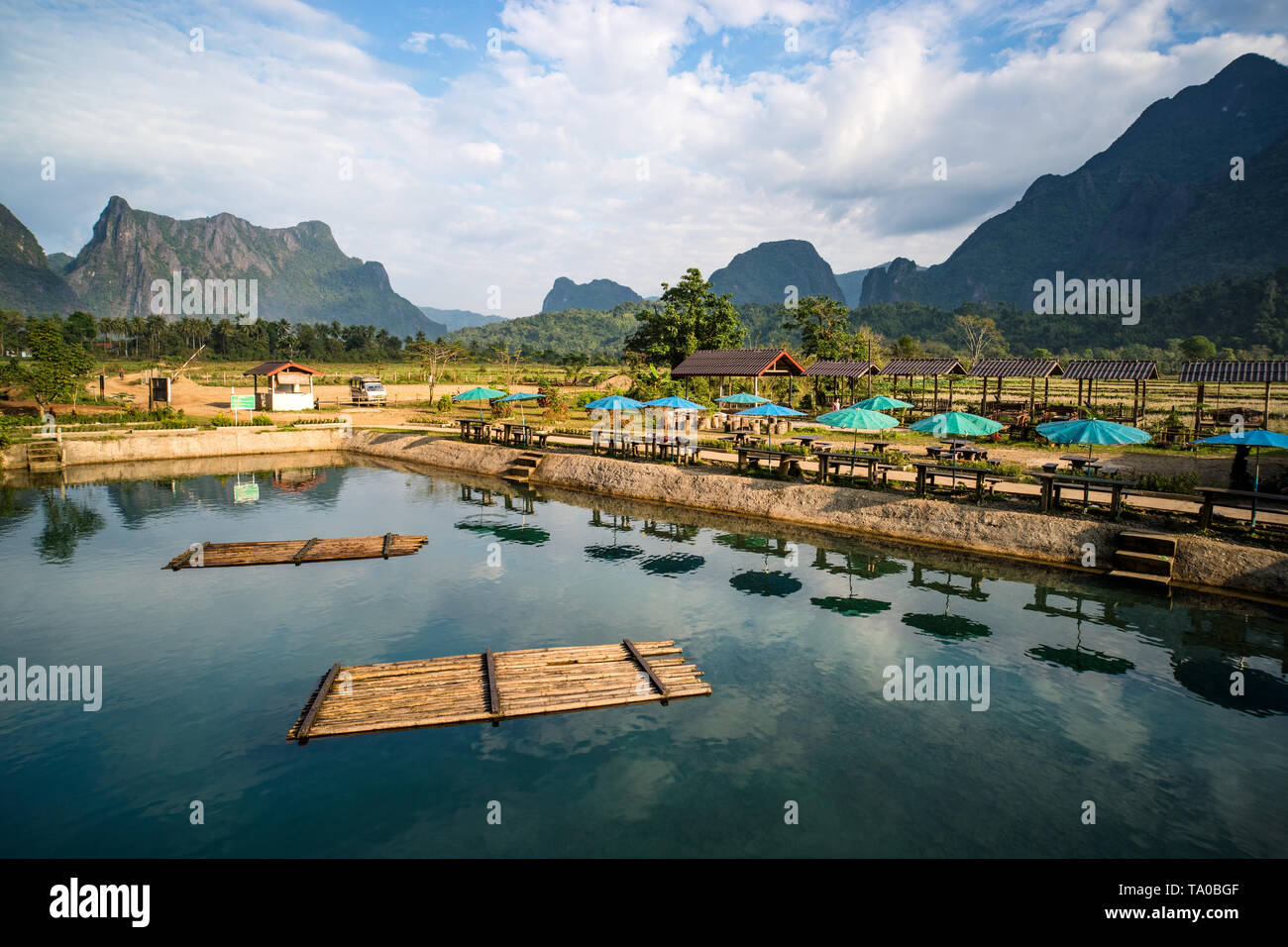 famous blue lagoon in the hot day, Vangvieng. Laos, Clear clear water ...