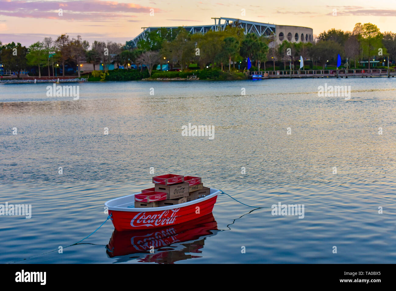 Orlando, Florida . February 26, 2019. Coca Cola boat and Shamu Stadium ...
