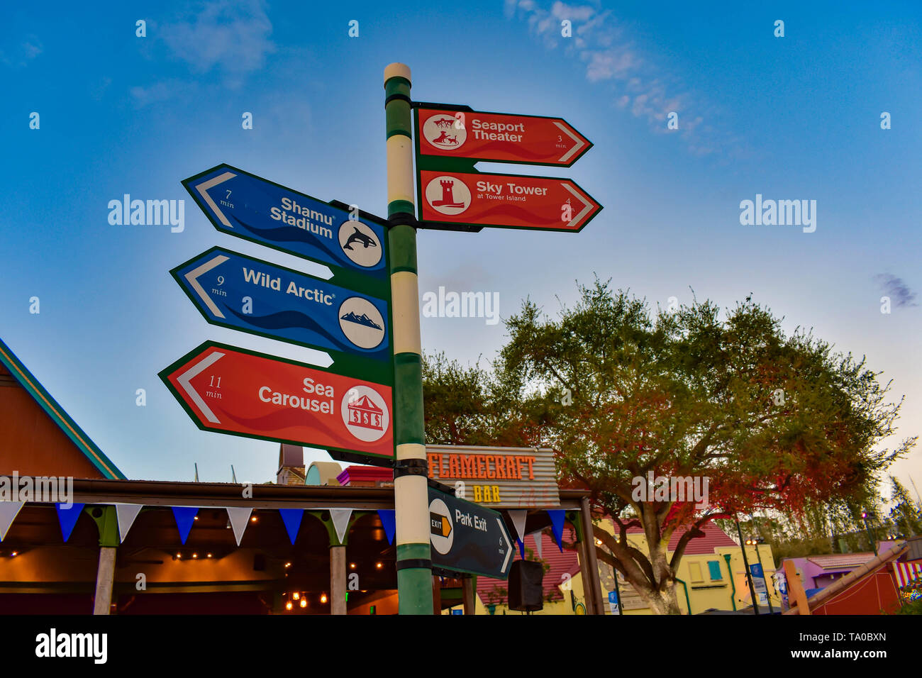 Orlando, Florida . February 26, 2019. Colorful attractions sign at ...