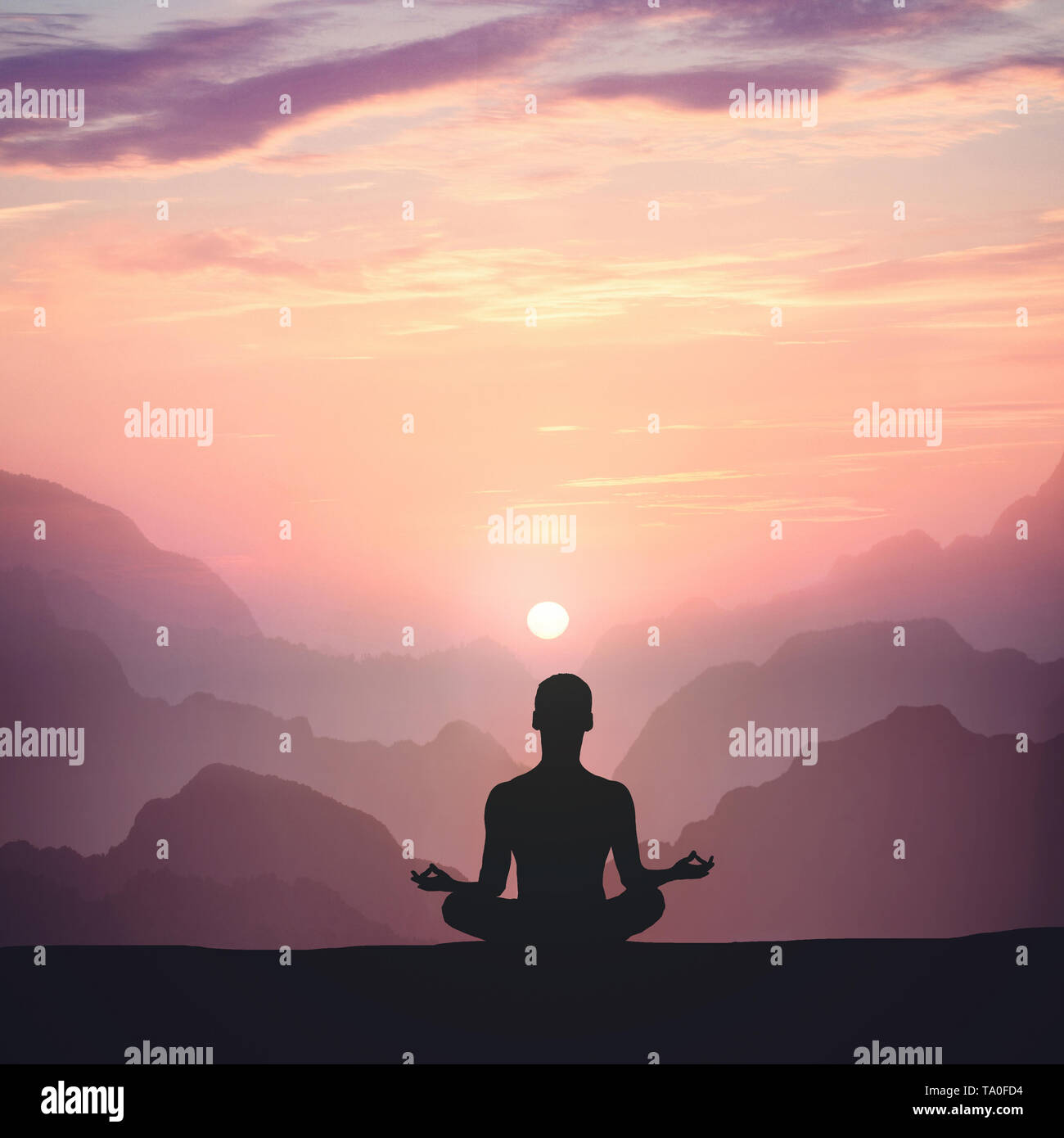 Man meditating on high mountain in sunset background Stock Photo - Alamy