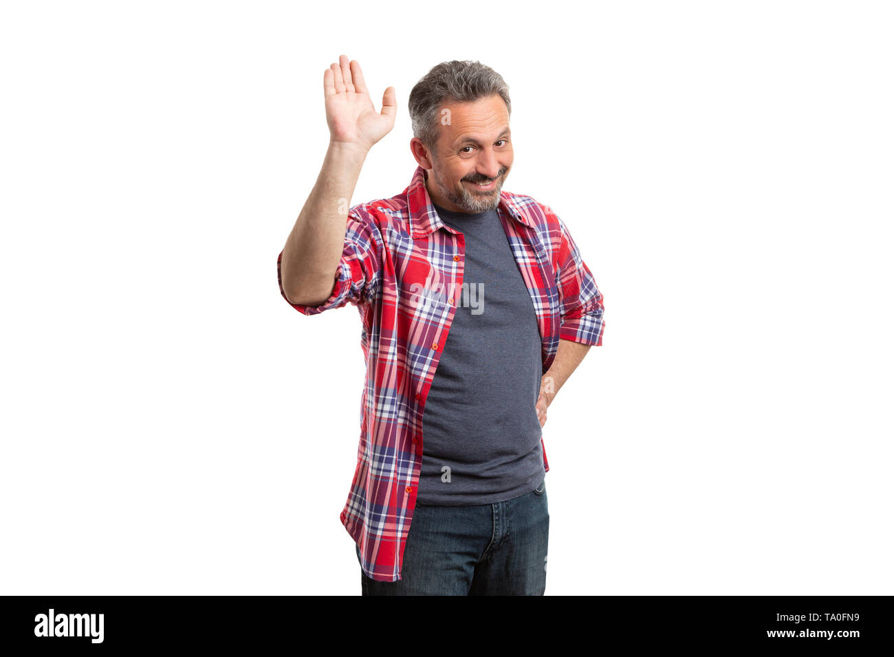 Cheerful male person making hello gesture with palm isolated on white ...